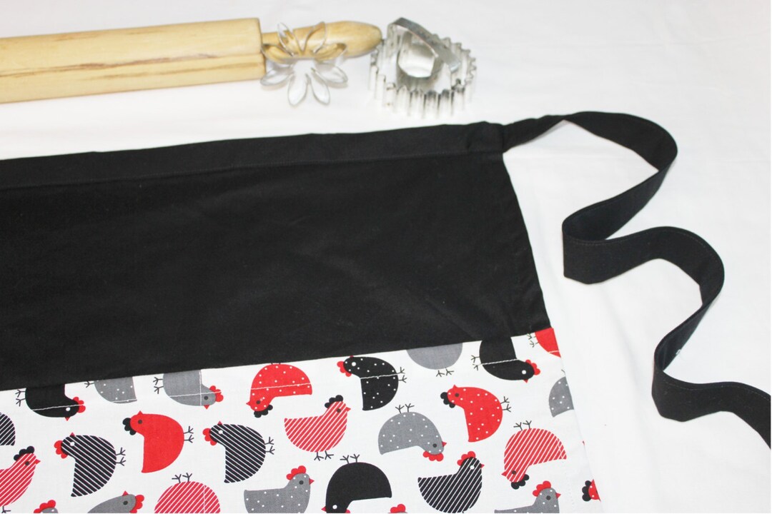 Adult Apron - Red & Black Chickens With Black Background - Waist Apron ...