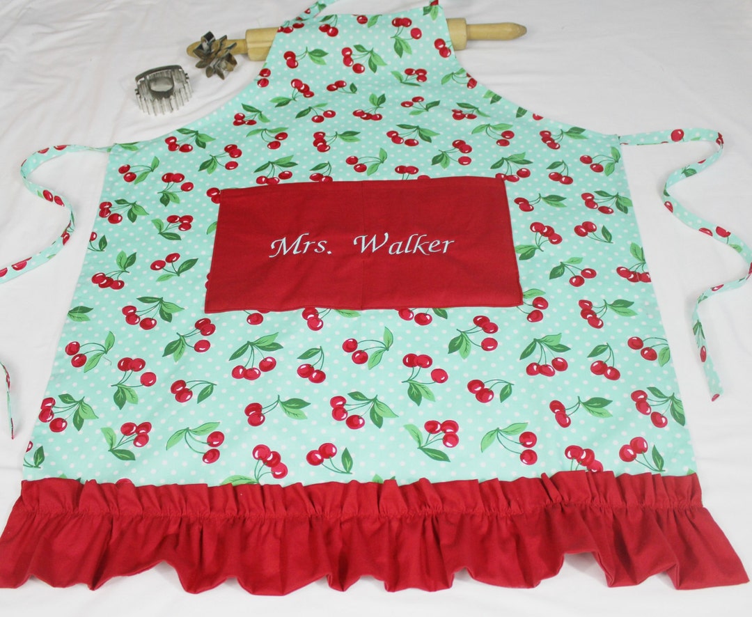 Personalized and Ruffled Aqua Cherries Adult Apron With Red Pocket and ...