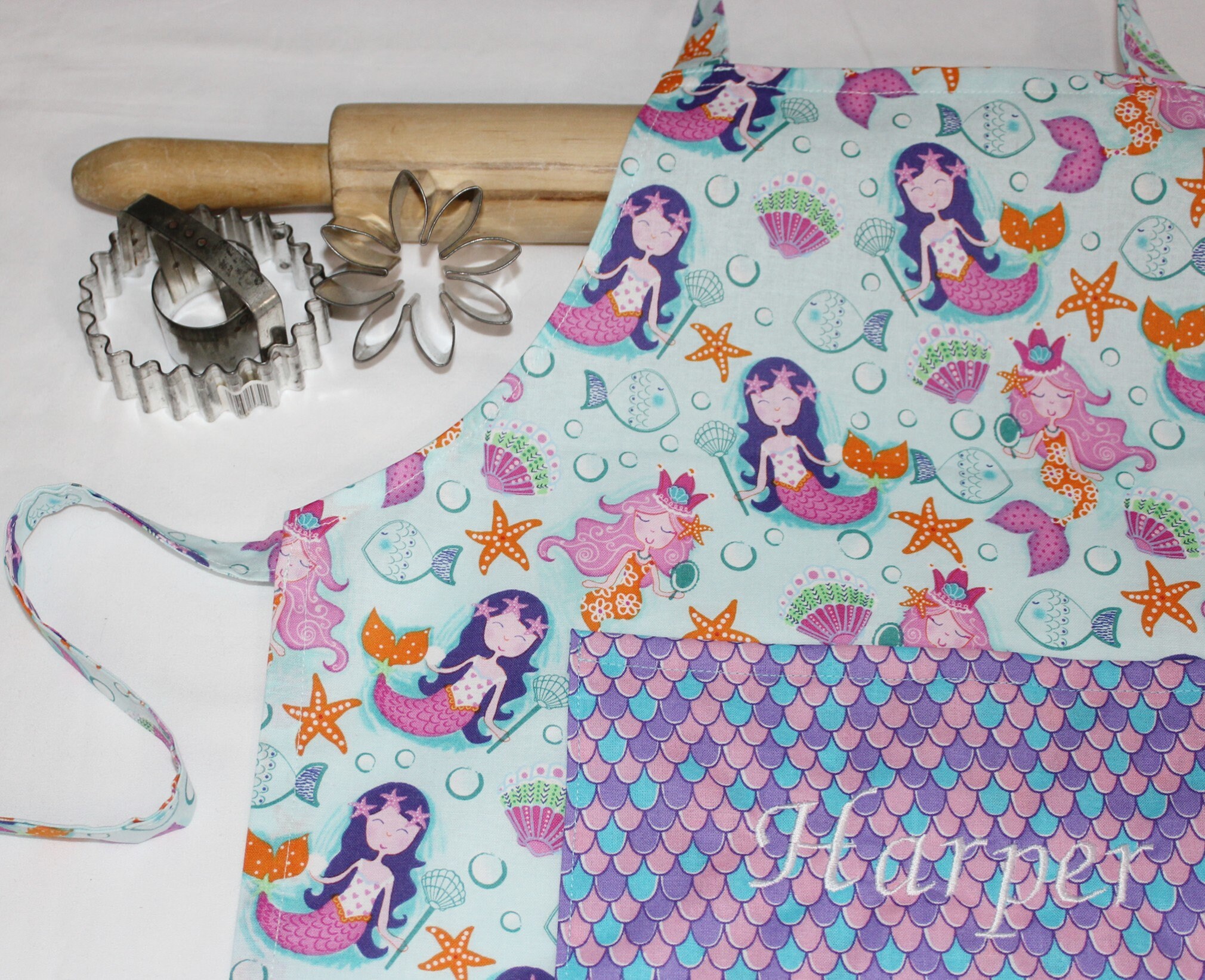 Personalized Child Apron - Mermaids With Mermaid Scales Pocket - Made ...