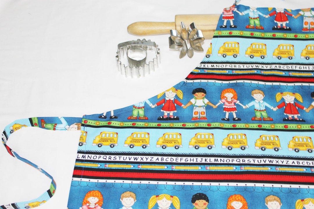 School Adult Apron - Blue Striped With School Bus and Children - Ready ...