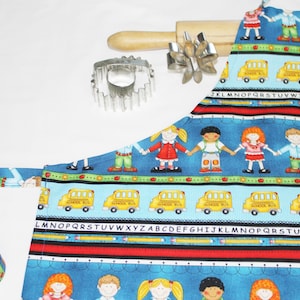 Adult Apron - School Themed - Blue Striped With School Bus and Children ...