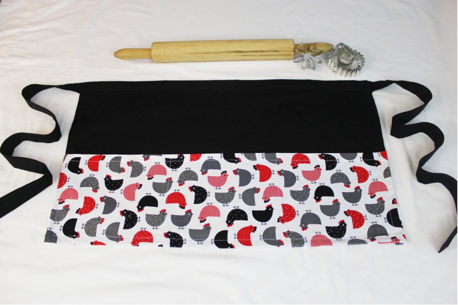 Adult Apron - Red & Black Chickens With Black Background - Waist Apron ...