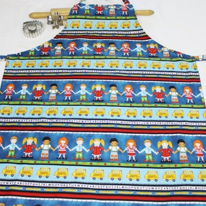 School Adult Apron - Blue Striped With School Bus and Children - Ready ...
