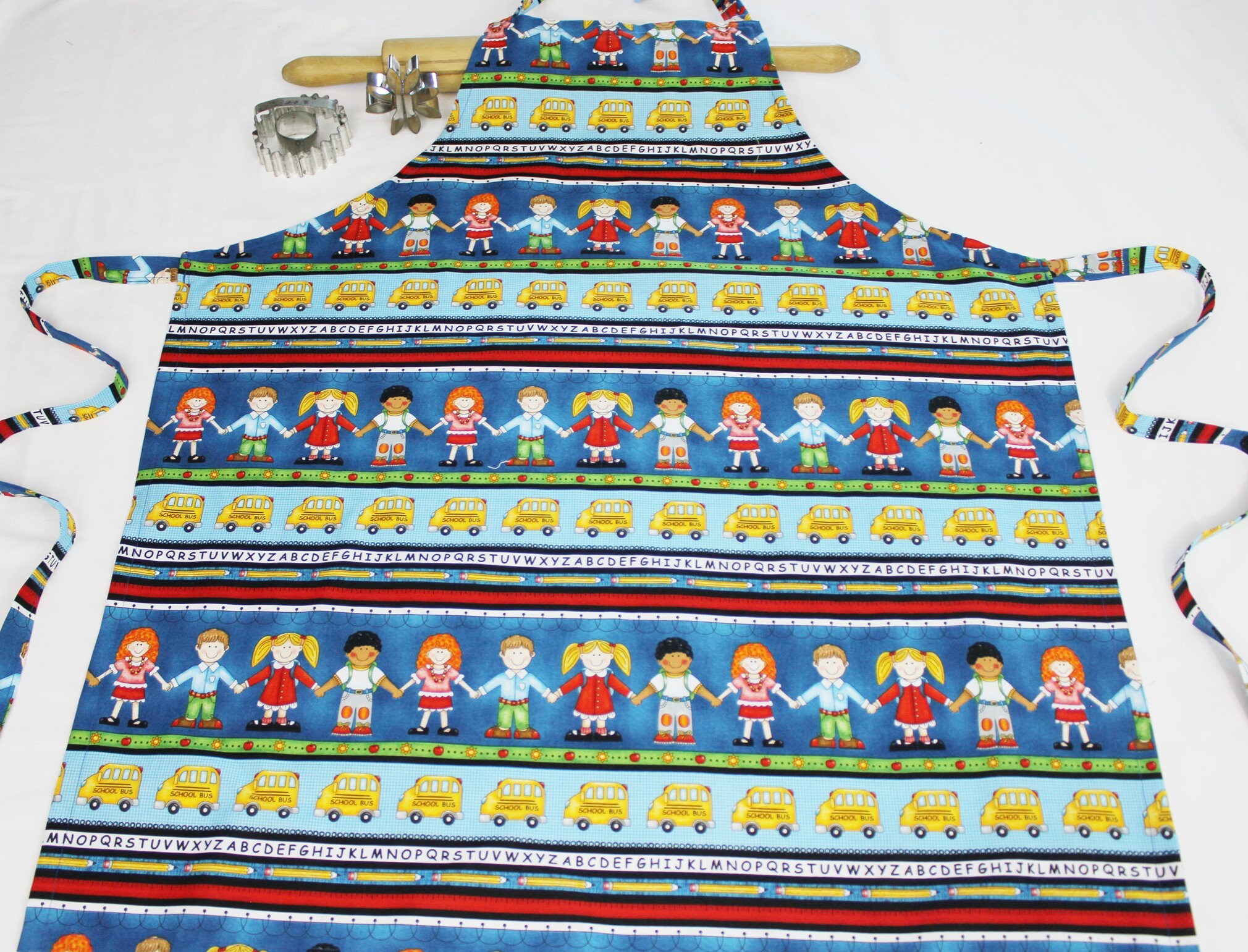 Adult Apron - School Themed - Blue Striped With School Bus and Children ...