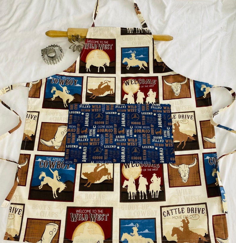 Cowboy Themed Western Adult Apron With Navy Pocket - Ready to Ship - Etsy