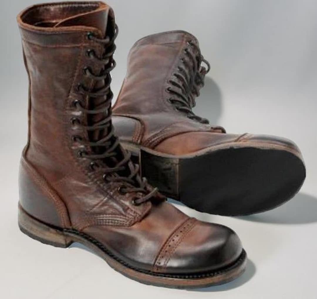 Handmade Brown Leather Combat Boots: Vintage Military Lace-up Ankle ...
