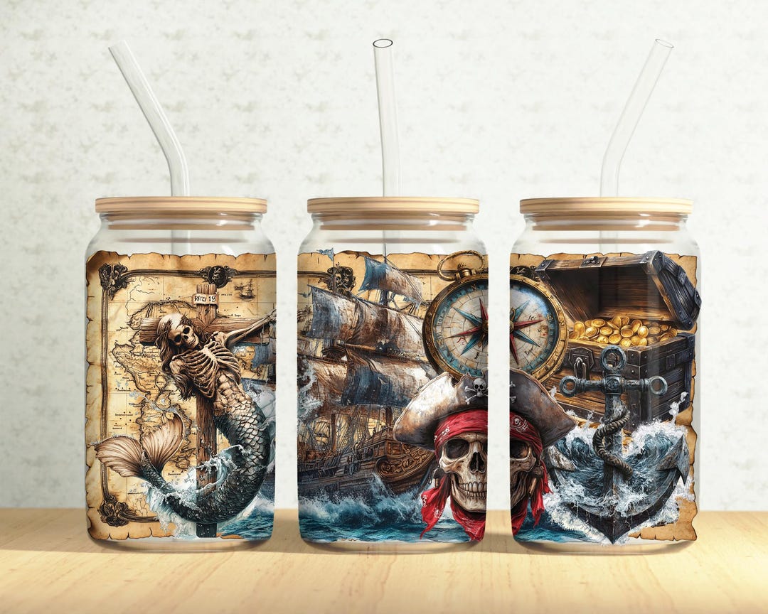 Pirate Can Wrap, Pirate Skull 16oz Glass Can, Pirate Ship 16oz Libbey ...