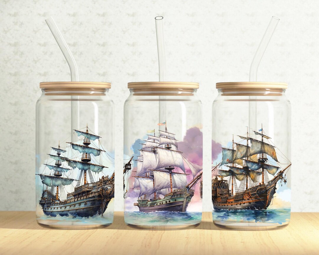 Pirate Ships Glass Can Wrap, Sea Pirate 16oz Glass Can, Vintage Ship ...