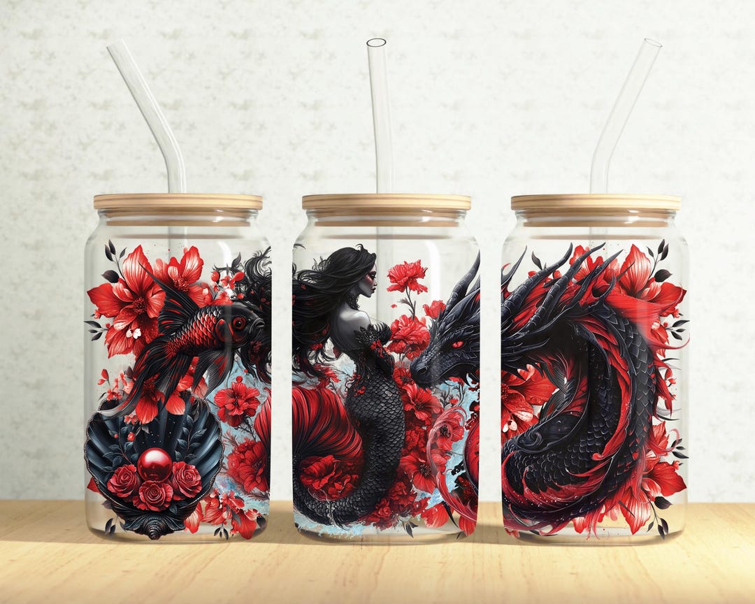 Gothic Mermaid Can Wrap, Dark Fantasy 16oz Glass Can, Gothic Red Roses ...