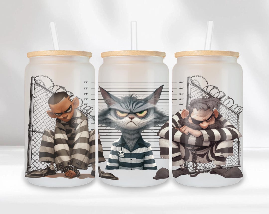 Prisoners Glass Can Wrap, Quirky Cat 16oz Glass Can, Jail 16oz Libbey ...