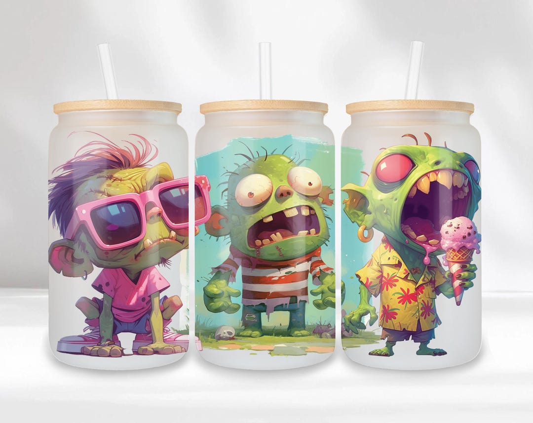 Zombies Glass Can Wrap, Cute Zombie 16oz Glass Can, Clipart, Cool ...