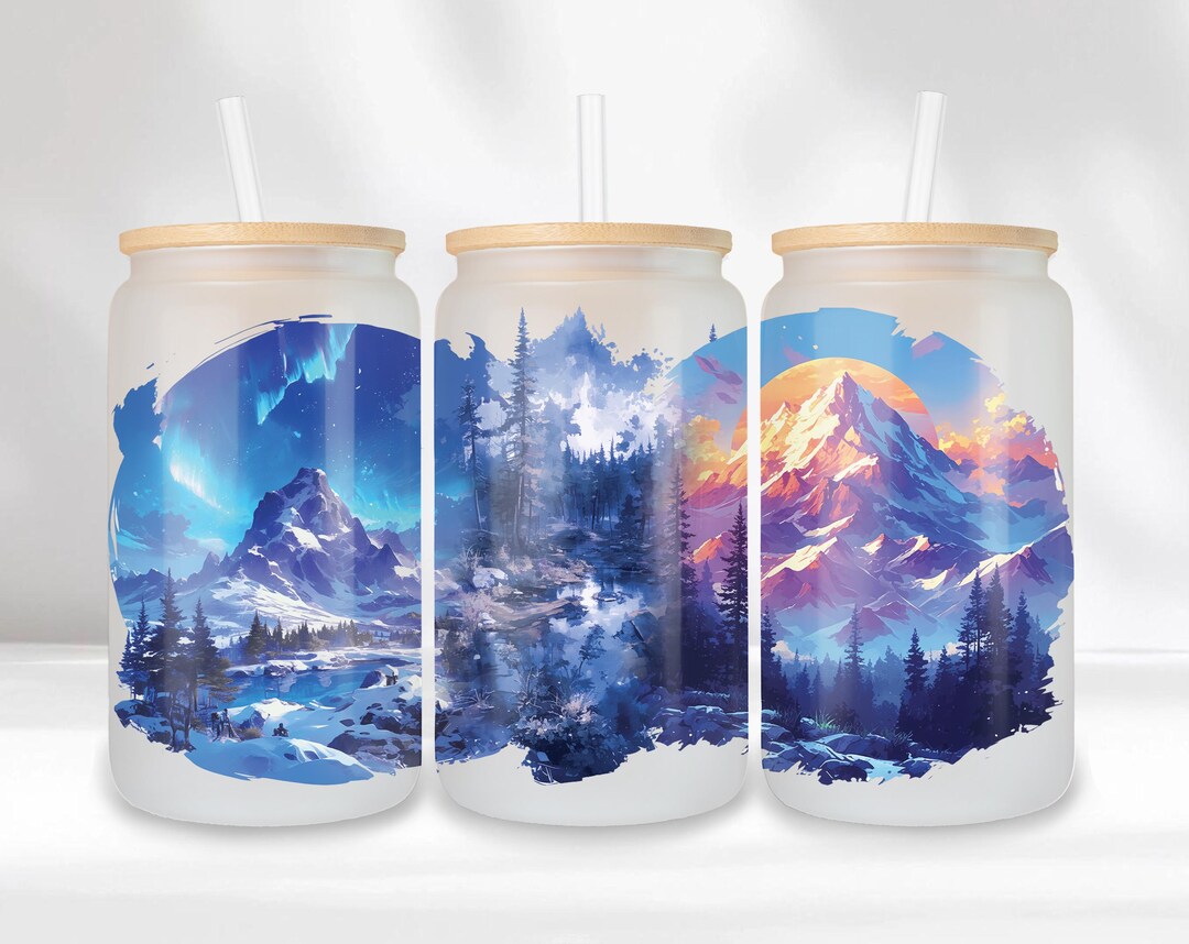Artic Landscape Glass Can Wrap, Snowy Mountain 16oz Glass Can, Mountain ...