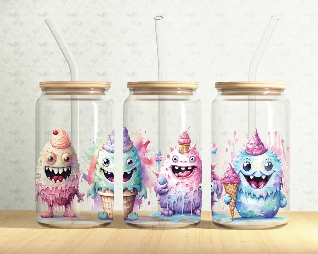 Ice Cream Monsters Glass Can Wrap, Cute Ice Cream 16oz Glass Can, Ice ...