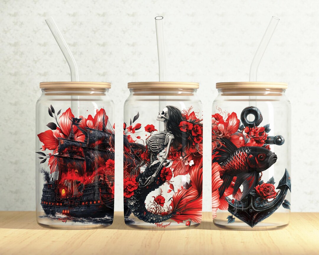 Gothic Mermaid Can Wrap, Dark Fantasy 16oz Glass Can, Gothic Red Roses ...