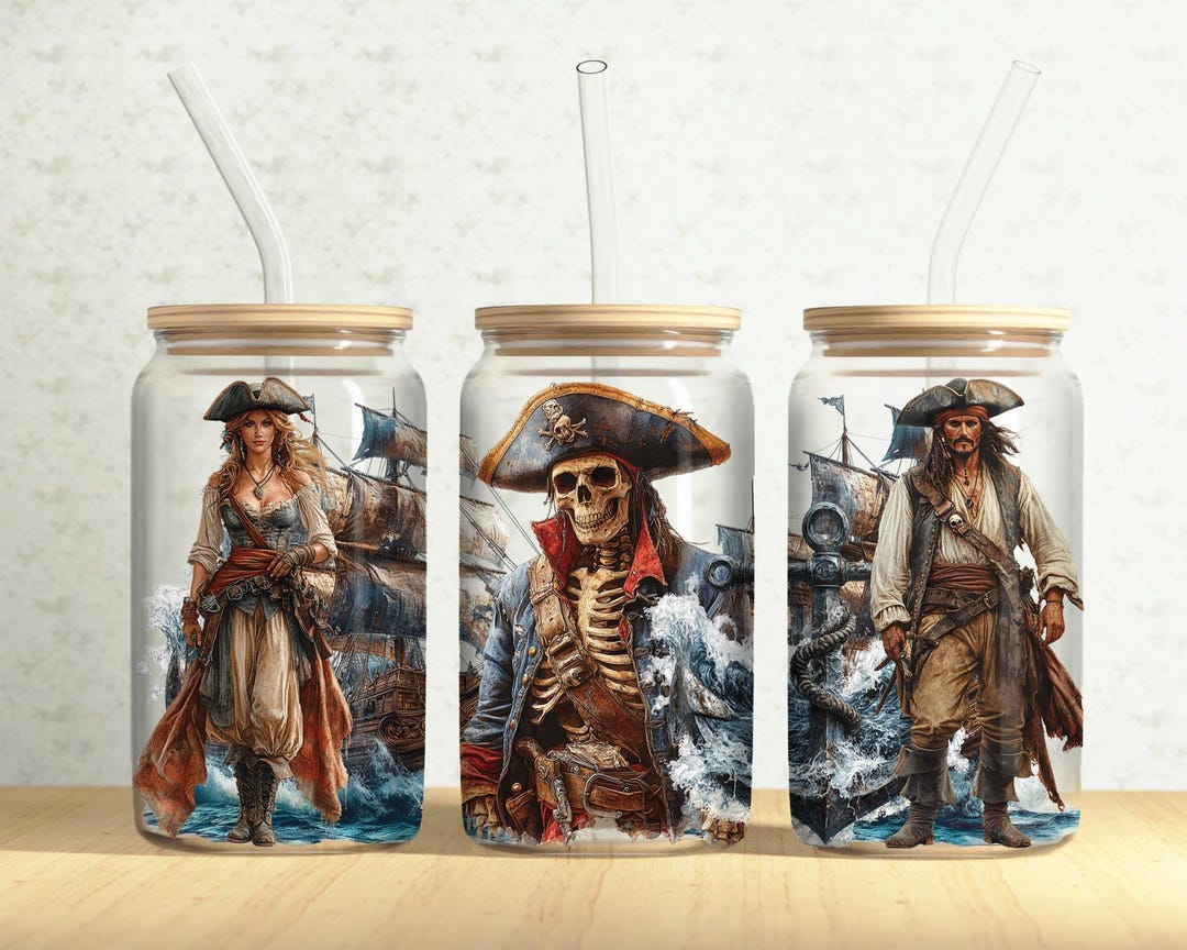 Pirates Can Wrap, Pirate Skull 16oz Glass Can, Pirate Ship 16oz Libbey ...