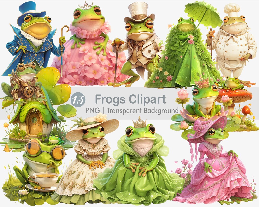 Frogs Clipart, Green Frog PNG, Victorian Frog, Princess Frog, Printable ...