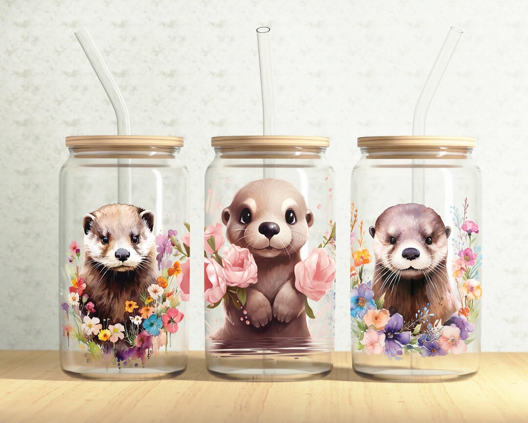Floral Otters Glass Can Wrap, Cute Otter 16oz Glass Can, Baby Animals ...