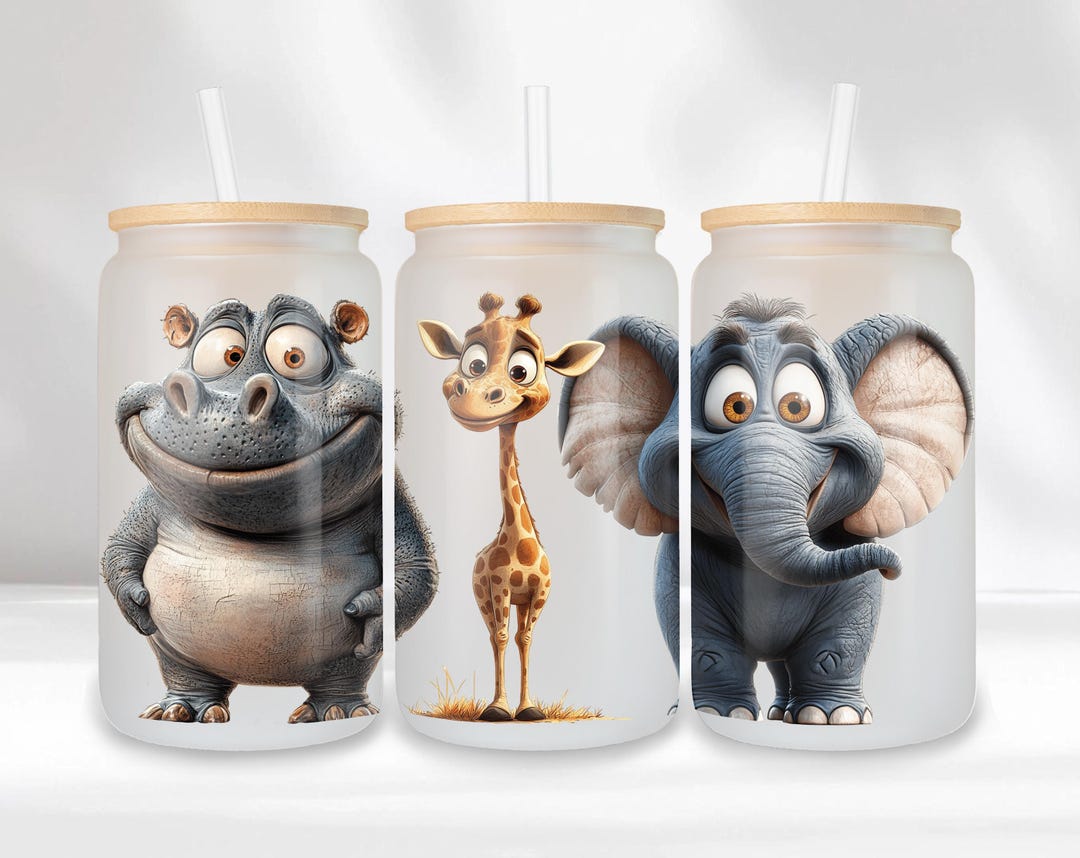Quirky Safari Animals Glass Can Wrap, Elephant 16oz Glass Can, Savanna ...