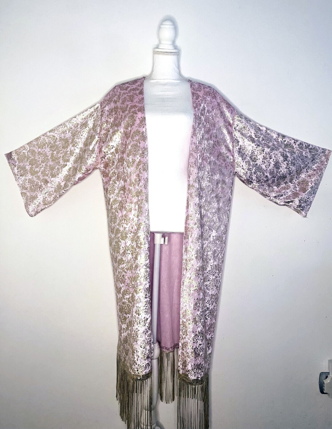 Gold Pink Velvet Kimono, Blush Pink Velvet Duster With Frange, Gold ...