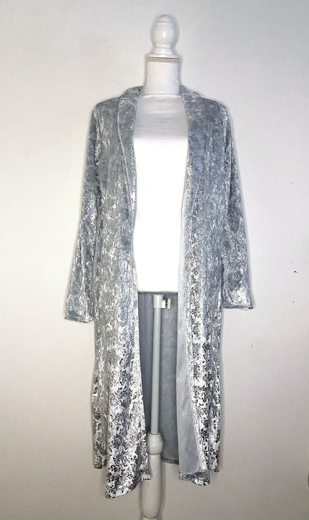 Silver Velvet Long Cardigan, Velvet Coat, Long Cardigan, Velvet Kimono ...