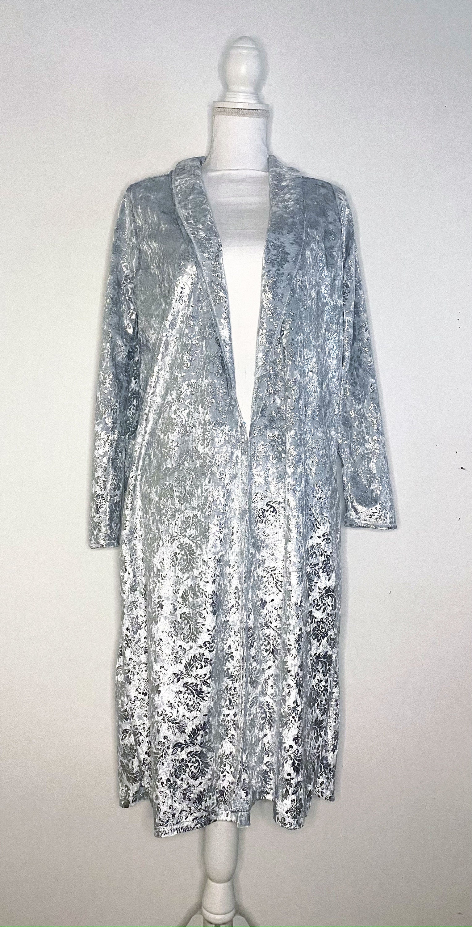 Silver Velvet Long Cardigan, Velvet Coat, Long Cardigan, Velvet Kimono ...