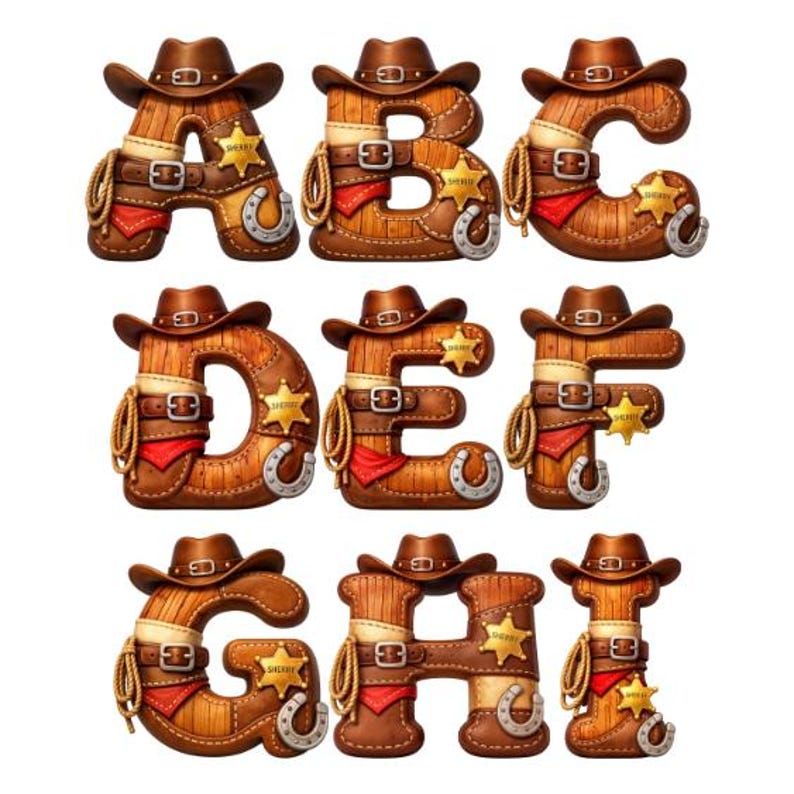 Cartoon Cowboy Alphabet PNG Bundle, Western Letters A–Z and Numbers 0–9 ...