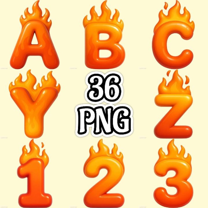 Flaming Alphabet Clipart – Cartoon Fire Letters & Numbers (PNG Bundle ...