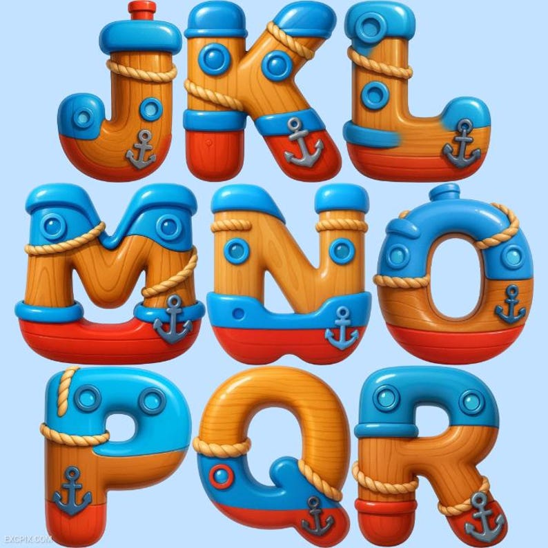 Cartoon Ship Alphabet PNG Bundle, Nautical Letters A–Z and Numbers 0–9 ...