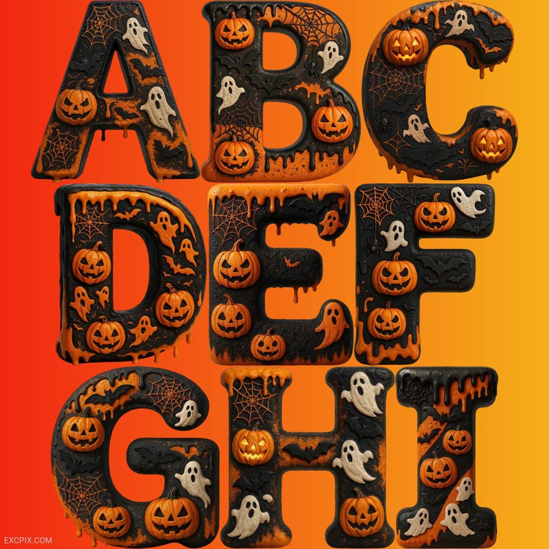Halloween Alphabet PNG Set — Spooky Ghost Letters & Pumpkin Characters ...