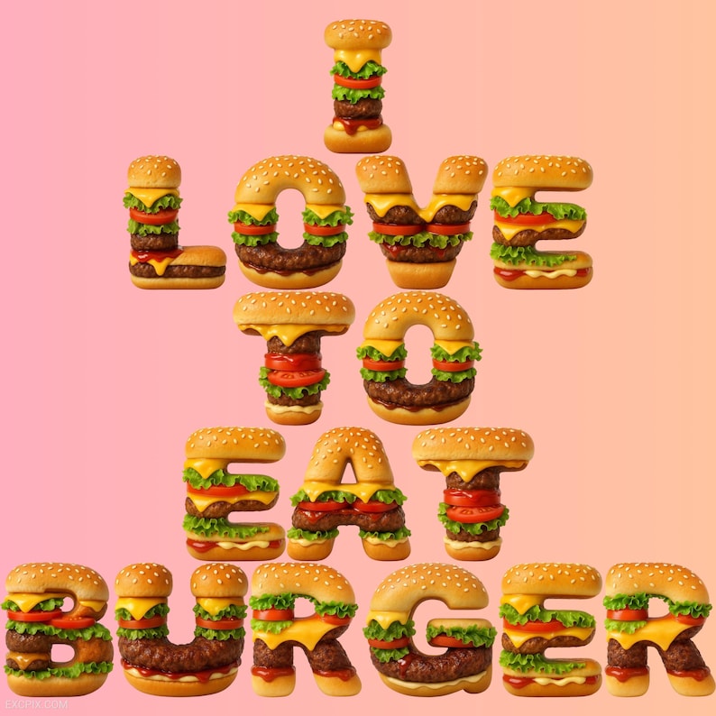 Burger Font Alphabet Clipart – 36 PNG, Food Letter Stickers (digital ...