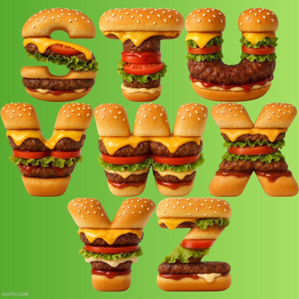 Burger Font Alphabet Clipart – 36 PNG, Food Letter Stickers (digital ...