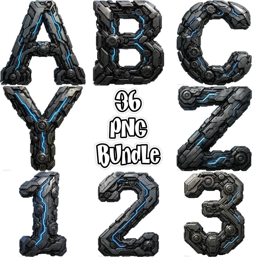 Robotic Alphabet Clipart | Metallic Chrome PNG Letters & Numbers - Etsy