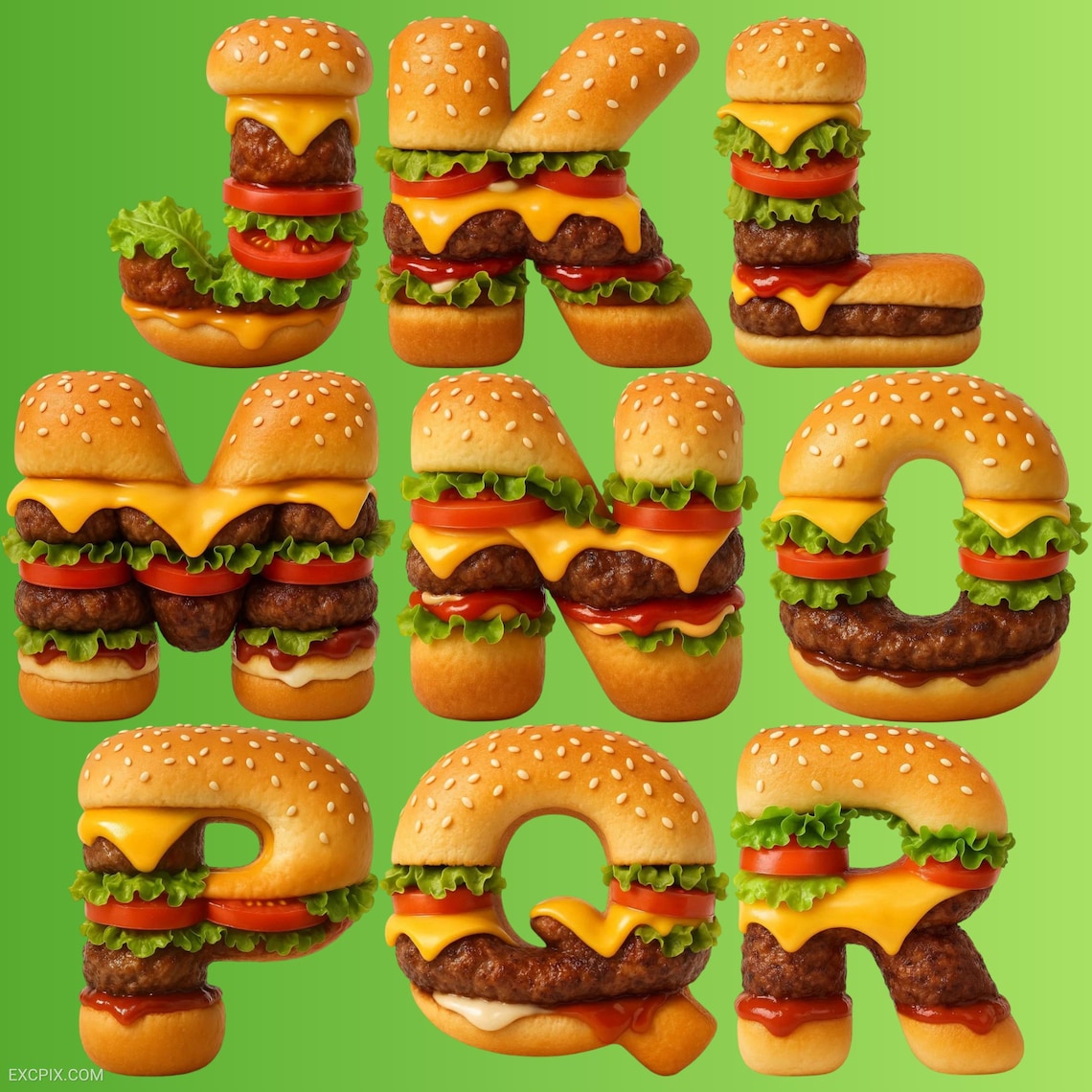 Burger Font Alphabet Clipart – 36 PNG, Food Letter Stickers (digital ...