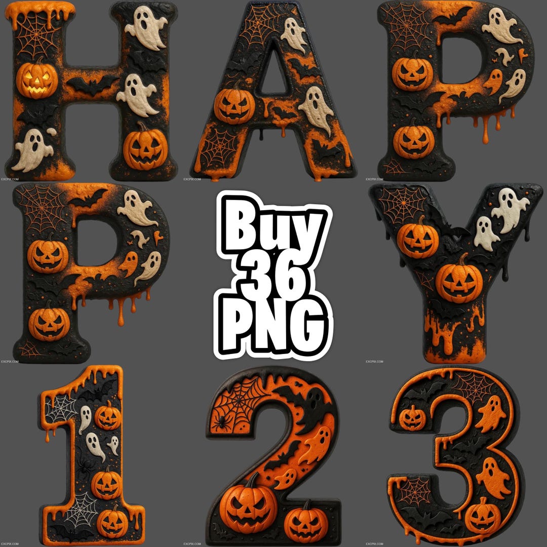 Halloween Alphabet PNG Set — Spooky Ghost Letters & Pumpkin Characters ...