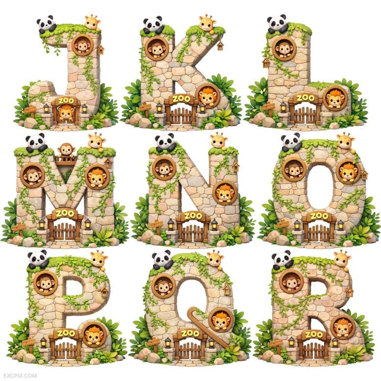 Zoo Animal Alphabet Clipart, 36 PNG Letters Numbers (digital Download ...
