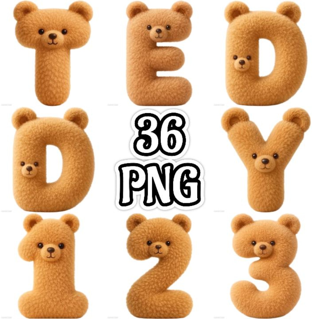 Teddy Bear Alphabet Numbers PNG Set, Kids Digital Art (downloadable ...