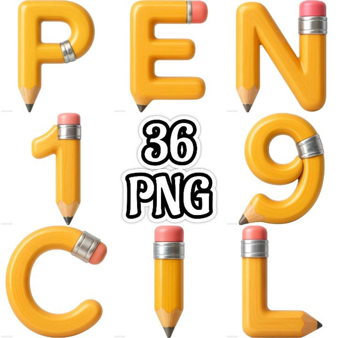 Pencil Alphabet Clipart PNG Set, Back to School Letters Numbers ...