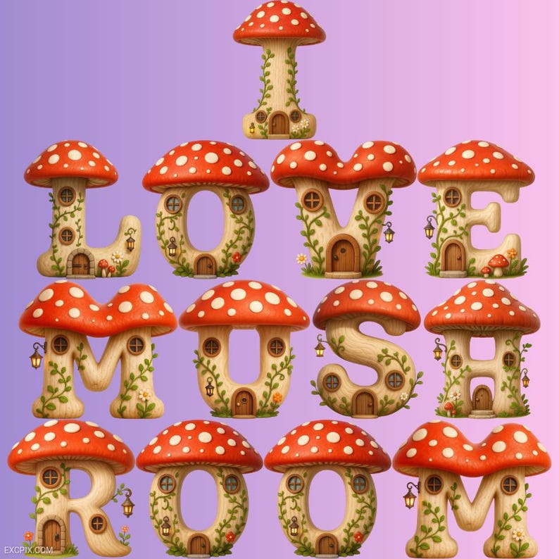 Mushroom House Alphabet Clipart PNG, Fantasy Letters A–Z Numbers 0–9 ...