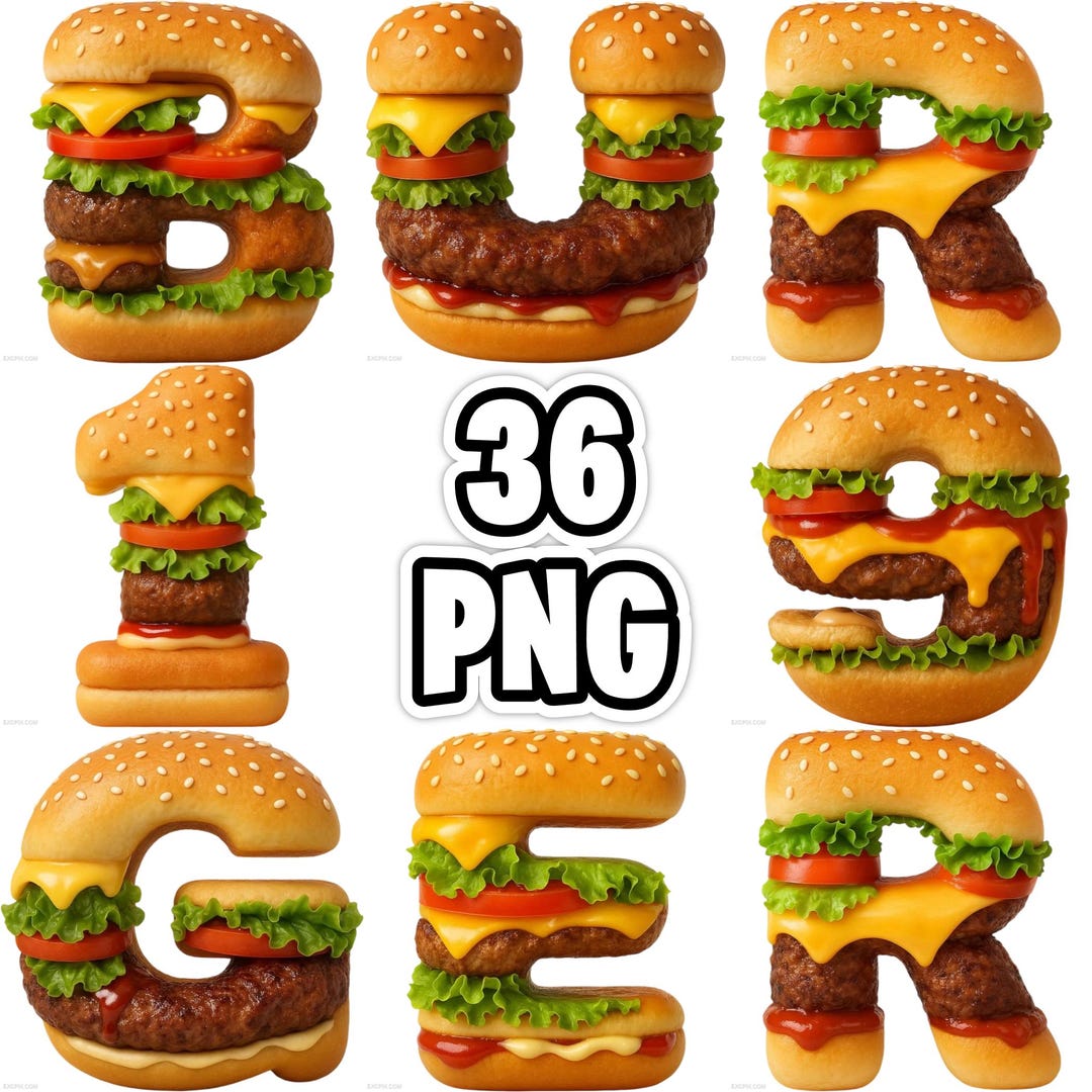 Burger Font Alphabet Clipart – 36 PNG, Food Letter Stickers (digital ...