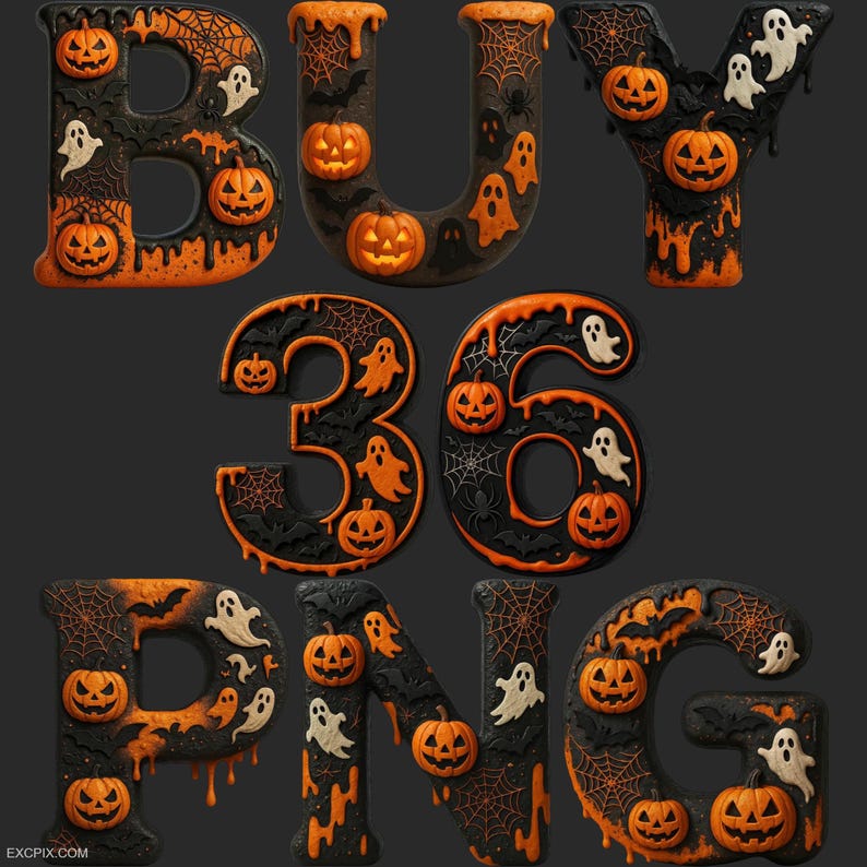 Halloween Alphabet PNG Set — Spooky Ghost Letters & Pumpkin Characters ...
