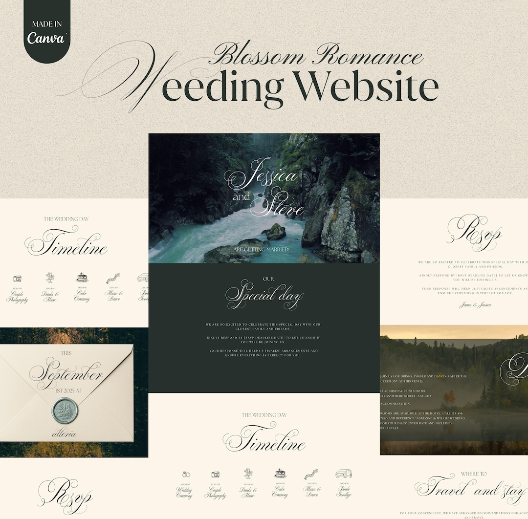 Romantic Countryside Wedding Website Canva Template: Elegant One-page ...