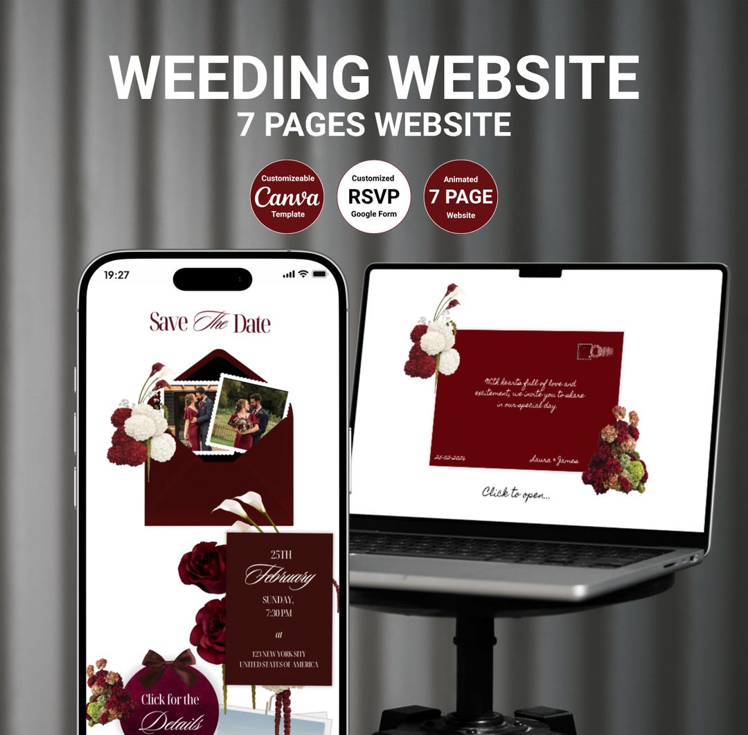 Burgundy & Black Wedding Website Template | Editable Canva Design ...