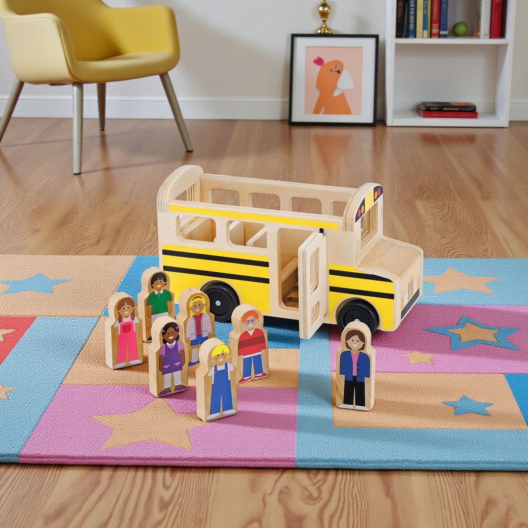 Wooden School Bus Play Set With 7 Figures – Montessori Toddler Toy - Etsy
