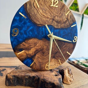 Olive Wood & Blue Resin Desk Clock - Handmade Modern Decor - Etsy