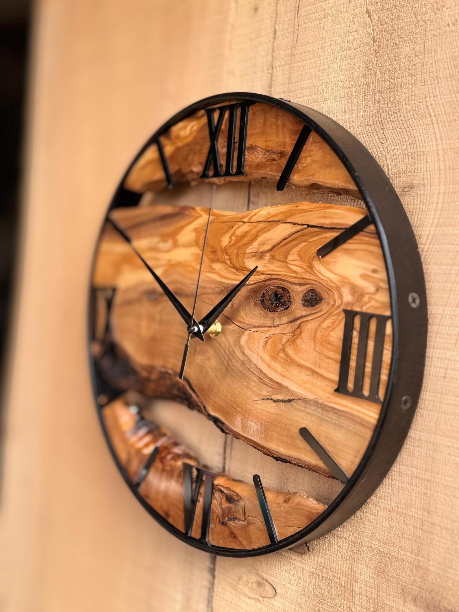 Handcrafted Olive Wood Wall Clock With Metal Frame • Rustic Natural ...
