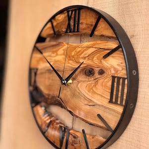 Handcrafted Olive Wood Wall Clock With Metal Frame • Rustic Natural ...