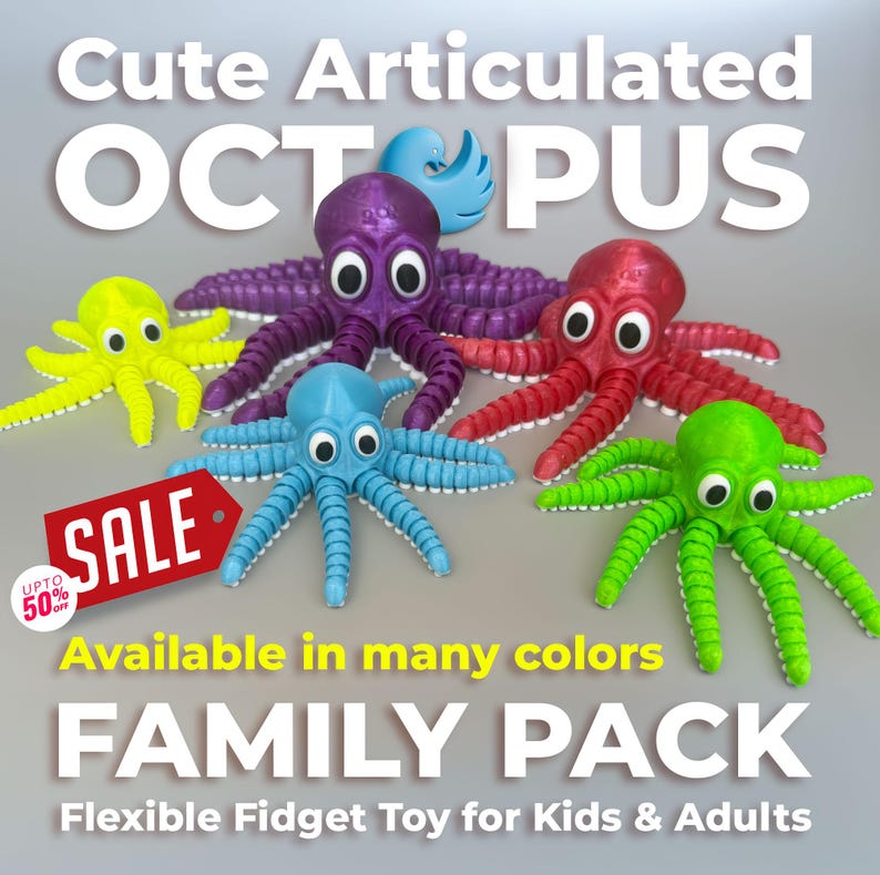 Cute Articulated Octopus Family Pack – 3D Printed Flexible Fidget Toy ...