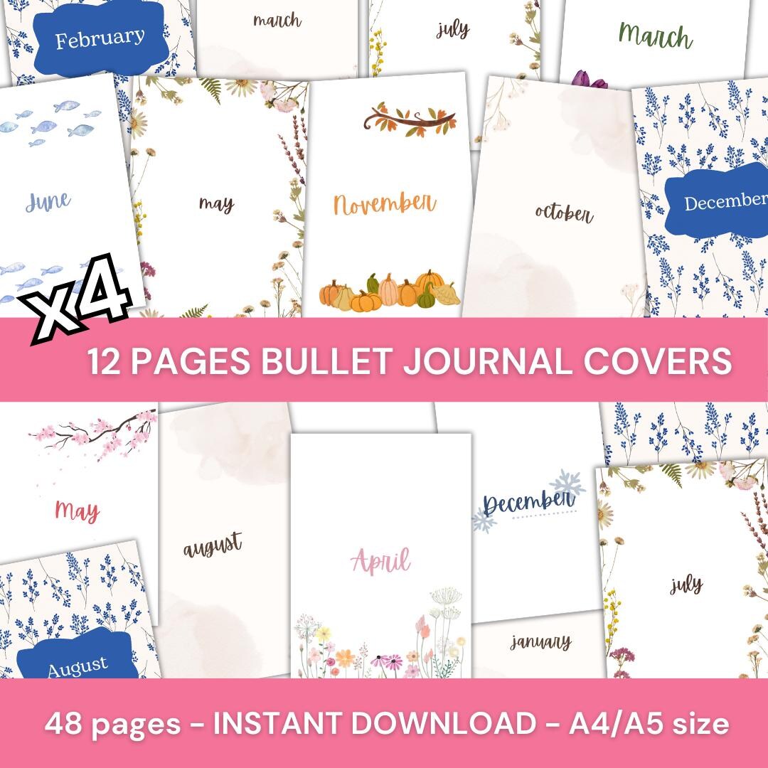 48 Bullet Journal Covers Pages, A4/a5 Monthly Printable Covers, Monthly ...