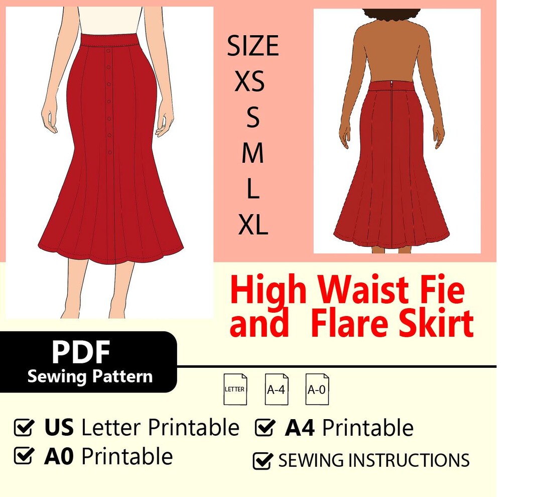 High Waist Flare Skirt Sewing Pattern >a4 US Letter Printable (PDF ...
