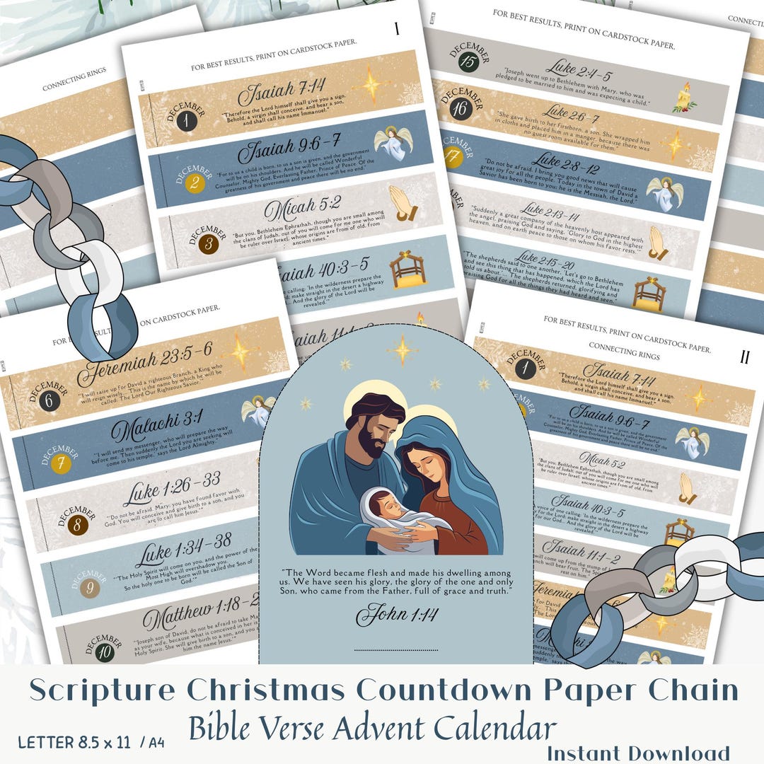 Christmas Countdown Paper Chain for Kids and Adults, Bible Verse Advent ...